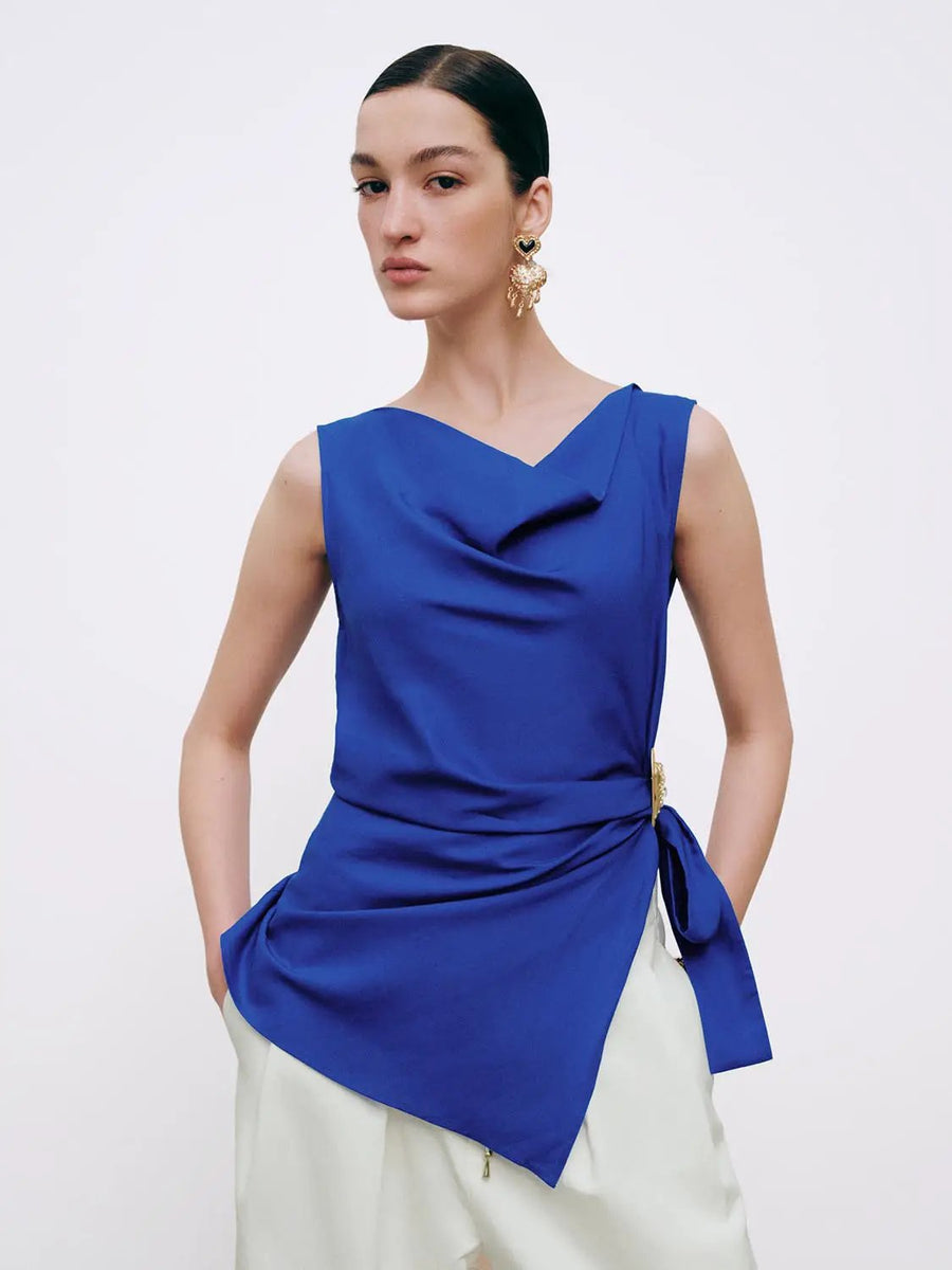 Linen Blend Cowl Neck Sleeveless Top Knot Front – URBAN REVIVO