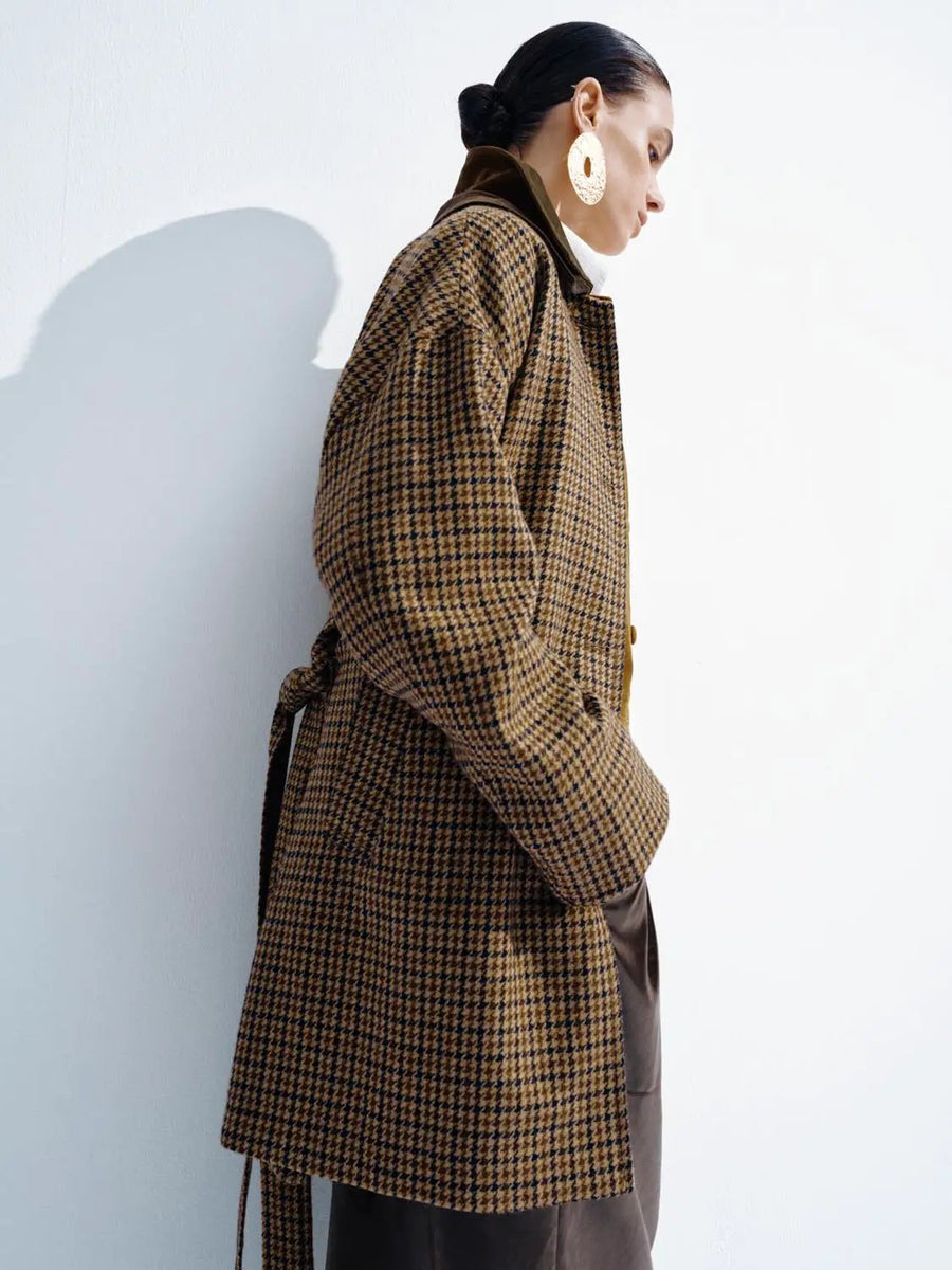 Contrast Collar Belted Check Coats – URBAN REVIVO