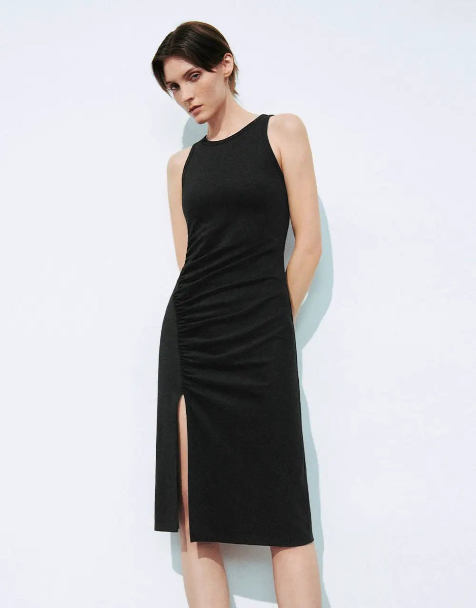 Ruched Sleeveless Crew Neck Skinny Dress – URBAN REVIVO