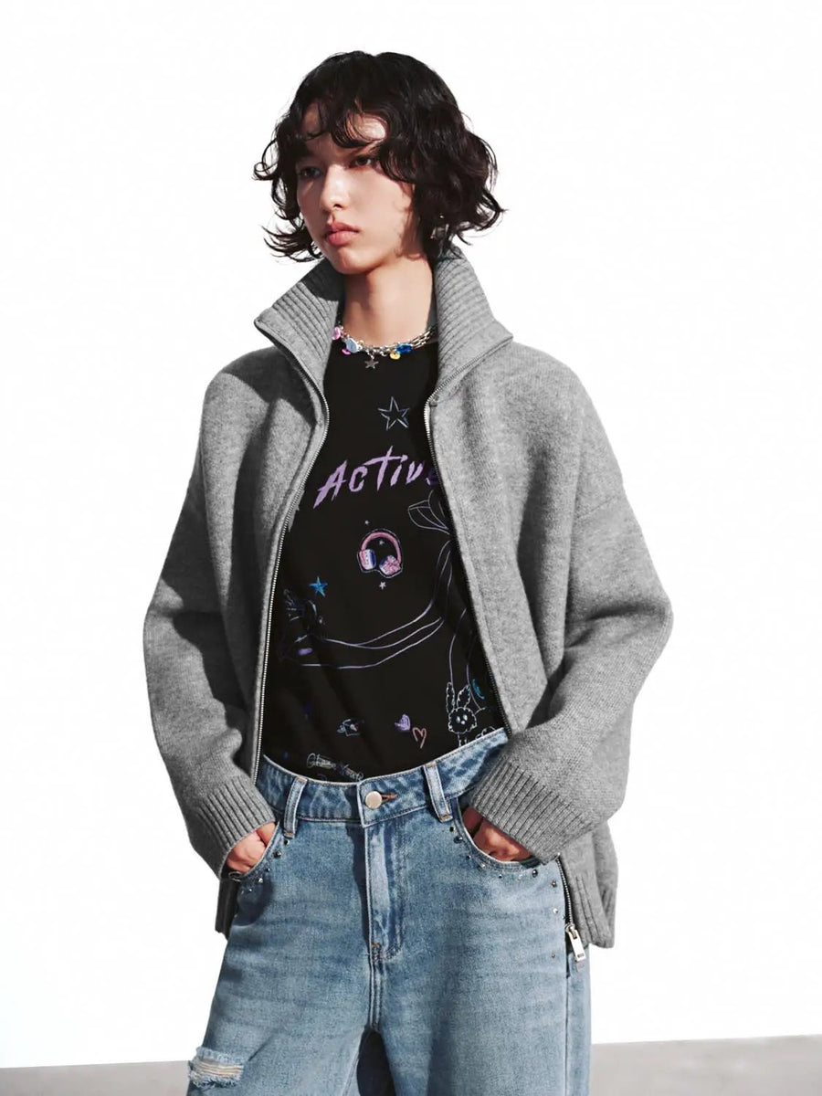 Funnel Neck Full Zip Knitted Cardigans – URBAN REVIVO